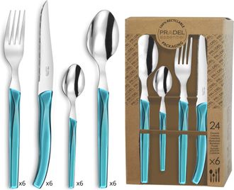 Lou Laguiole RISING SUN Besteck Set 6 Personen | 24-teilig | T&uuml;rkis gl&auml;nzend | Essbesteck 6 Personen sp&uuml;lmaschinenfest | 18/0 Edelstahl mit Mikroverzahnung | 6x Me