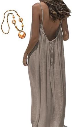 Generic Robe longue dos nu &agrave; bretelles spaghetti 2026 sans manches - Robe longue ouverte dans le dos - Robe d&eacute;t&eacute; pour le salon, la maison, les vacances, la pl