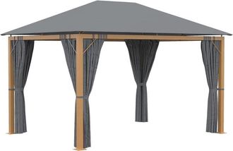 OUTSUNNY Pavillon de jardin style contemporain - barnum avec rideaux - dim. 3,97L x 2,97l x 2,8H m - alu. aspect bois polyester gris