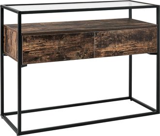 Beliani Konsolentisch Glas dunkler Holzfarbton Metallgestell schwarz 2 Schubladen Mauk