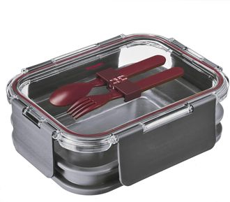 Westmark Lunch Box, Füllvolumen: 1740 ml, Zwei Etagen, Mit Besteck, 4 sichere Klick-Verschlüsse, Glas/Silikon/Kunststoff, Comfort, Transparent/Anthrazit/Rot, 2