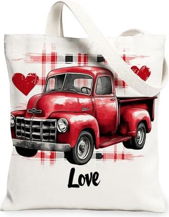 Generic Sacs fourre-tout vintage en toile avec motif coeur - R&eacute;utilisables - L&eacute;gers et lavables - Pour le shopping, les voyages, les pique-niques - Rouge - 33