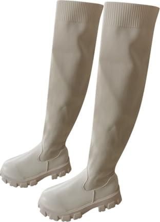 Generic Bottes hautes serrées à plateforme pour femme, bottes au-dessus du genou pour femme, bout pointu au-dessus du genou, talon mi-épais, extensibles, anti
