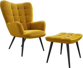 Mirjan24 Ohrensessel mit Hocker Gunar 0022, Stilvoll Lesesessel, Relaxsessel mit Hocker im Modernen Look, Lehnstühle, Polstersessel, Fernsehsessel (Gelb (HCD-2