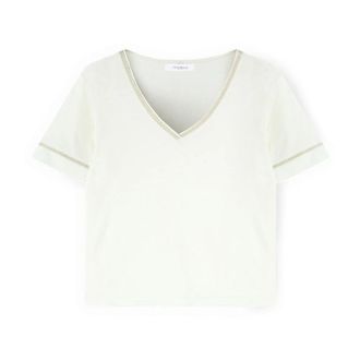 Motivi T-Shirt aus Leinenmischung mit V-Ausschnitt - - Tops - Damen - Wei&szlig; - S