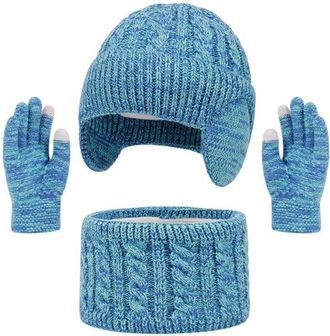 Generic Écharpe bonnet et tricotés pour enfants | ensemble hiver chaud avec mitaines tactiles accessoires hiver pour temps froid (Blue, One Size)