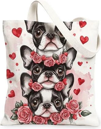 Generic Sac fourre-tout en toile motif terrier de Boston pour faire du shopping, 33 x 38,1 cm, sac &agrave; bandouli&egrave;re amusant et r&eacute;utilisable pour femme, peinture 