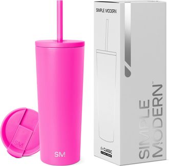 Simple Modern Thermobecher mit Strohhalm und Deckel | Trinkbecher mit Henkel Wiederverwendbare Edelstahl | Geschenke für Frauen und Männer | Classic | 710ml | Raspb