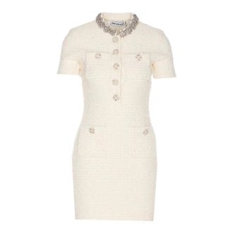 Self Portrait Femme, Robes, Blanc, Taille: 38 FR Robe Blanche Col en Relief Manches Courtes