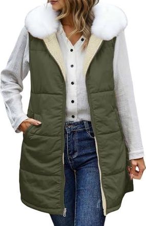 Generic Gilet long &agrave; capuche pour femme - Automne - Hiver - Gilet matelass&eacute; sans manches - Doudoune doubl&eacute;e - Gilet polaire chaud - Gilet long &agrave; capuche - Gil