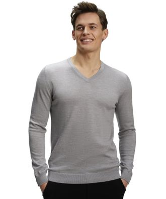Falke Herren Pullover Basic New Merino V-Neck M Pu Wolle elegant klassisch f&uuml;r Business und Freizeit mit V-Ausschnitt 1 St&uuml;ck, Grau Light Grey 3400, XXL