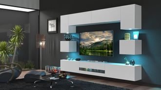 Furnitech Wohnwand Wohnzimmer - Wohnzimmer Möbel mit LED RGB - 16 Farben - Hängend Wohnwand Modern - Wohnzimmer Schrankwand mit Regale und TV Schrank (Besta DAN