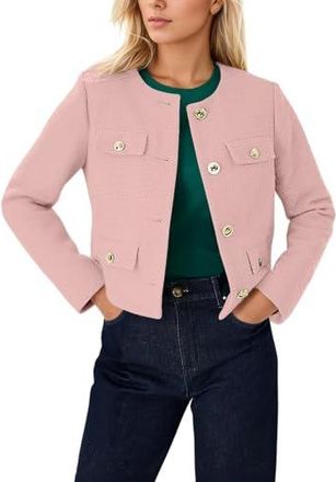 Generic Vestes pour femmes 2026 unies col rond avec bordure boutonn&eacute;e courte - Veste polyvalente pour le week-end, 1 pi&egrave;ce., XS