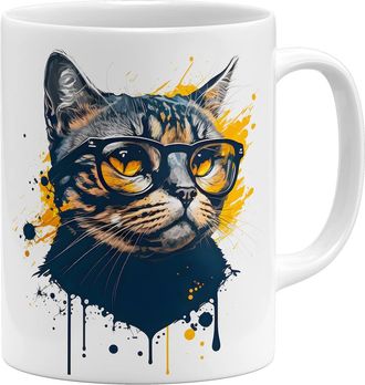 OM3 süße Tasse mit Katze Hipster Cat Kitten Kätzchen | Keramik Becher | 11oz 325ml | Beidseitig Bedruckt | Weiss