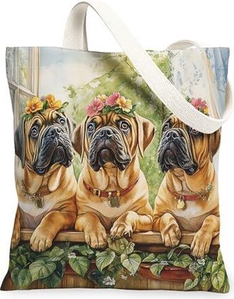 Generic Spring Bullmastiffs Sac fourre-tout en toile pour faire du shopping 33 x 38,1 cm, sac r&eacute;utilisable &agrave; motif imprim&eacute; de plantes en pot pour femme, anima
