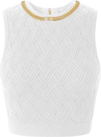 Elisabetta Franchi Femme, Pulls, Blanc, Taille: 36 FR Top en maille losanges avec détails bijoux