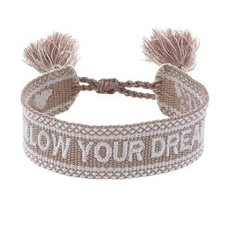 Engelsrufer Bracelet pour femme en polyester et coton beige et blanc avec broderie Follow Your Dreams - Fermeture à cordon - Taille réglable, 15,5-25 cm, Polyeste