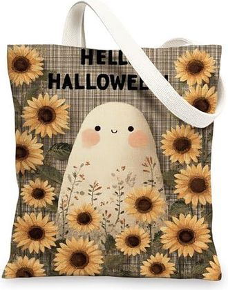 Generic Joli sac fourre-tout en toile, motif floral fantôme, sacs dépicerie, sacs dépicerie réutilisables, légers et lavables, toile pour voyage, plage, pique