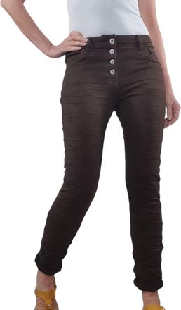 Jewelly Stretch Jeans| im Baggy Boyfriend Schnitt| Damen Hose mit dekorativer Knopfleiste| Perfekter Sitz (S, Schoko)