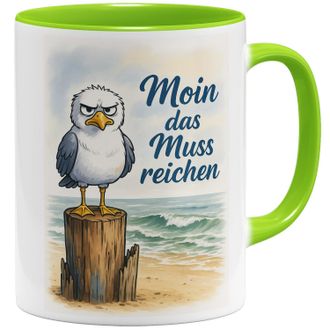 OM3 lustige M&ouml;we Aquarell Kaffee-Tasse mit Spruch - Moin das muss reichen - Maritim K&uuml;ste Norddeutschland - Keramik Becher - 325ml - Beidseitig Bedruckt -