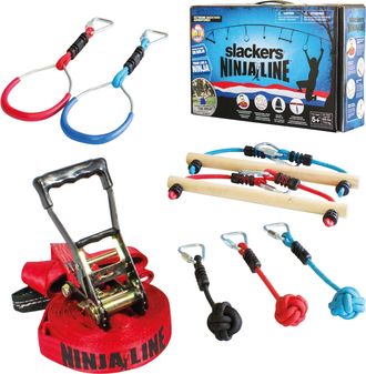 Schildkrot Fitness Slackers Ninja Line Starter Set - Outdoor Hangelparcours & Slackline für Kinder ab 5 Jahren - Komplettset mit 11 m Slackline, 7 Hindernissen, Ratsche 