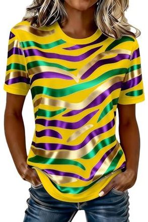 Generic T-shirt d&eacute;contract&eacute; &agrave; manches courtes et col rond pour femme - Imprim&eacute; abstrait &agrave; rayures color&eacute;es - T-shirt d&eacute;t&eacute; doux et extensible pour le travail, 