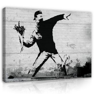 ForWall Leinwand Bilder - Hooligan mit Blumen Bansky - 100x75 cm Leinwandbilder - Bild auf leinwand - Wandbild XXL groß Wandbilder für Wohnzimmer Schlafzimmer