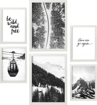 Nacnic Set 6 Schwarzweiß Berg Bilder - Wandbild Kunstdruck Deko Posters & Plakate - Inneneinrichtung im Kunstgalerie - A3 und A4 - Mit weißer Rahmen