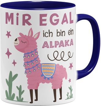 OM3 lustige Alpaca Lama Kaffee-Tasse mit Spruch - Mir egal ich bin ein Alpaka - Keramik Becher - 325ml - Beidseitig Bedruckt - Dunkelblau