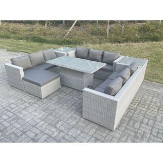 Fimous Rattan Gartenm&ouml;bel Set mit Sofa, H&ouml;he verstellbar Esstisch und Hocker,2 Beistelltisch,Outdoor Terrassen Essgruppe 7-teilige Sitzgruppe Helles Grau