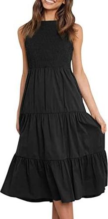 Generic Robe d&eacute;t&eacute; d&eacute;contract&eacute;e mi-longue style boh&egrave;me sans manches pour femme - Style trap&egrave;ze, Noir, XXL