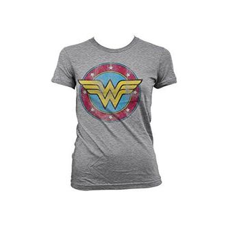 Wonder Woman Officially Licensed Merchandise Distressed Logo Girly Tee (H.Grey), Medium