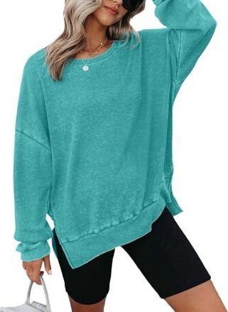 Generic Sweat-shirt &agrave; col rond en tricot gaufr&eacute; pour femme, pull &agrave; manches longues avec fente lat&eacute;rale, haut d&eacute;contract&eacute;, chemise douce en tricot, bleu ciel, 