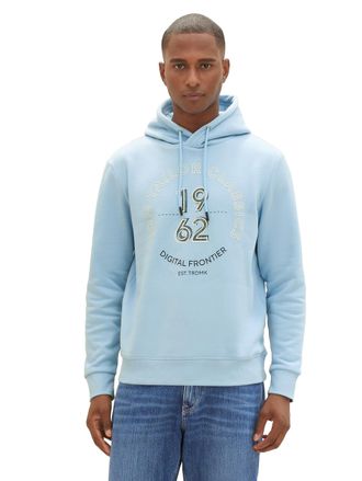Tom Tailor Herren Hoodie Sweatshirt mit Print, washed out middle blue, XXL