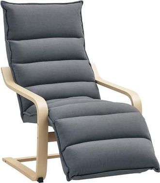 HOMCOM Fauteuil en bois de bouleau, chaise capitonn&eacute;e avec repose-pieds r&eacute;glable, chaise Poang moderne pour salon, chambre &agrave; coucher, balcon, bureau, gris fo