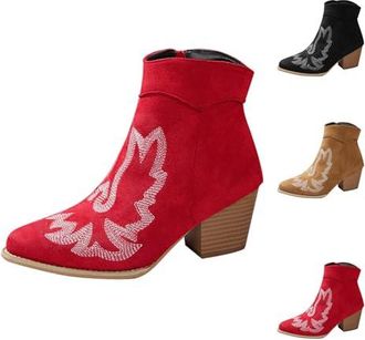Generic Bottines courtes pour femme - Fermeture éclair latérale - Bout pointu - Bottes de cowgirl classiques - Broderie - Talon bloc - Chaussures en cuir synt