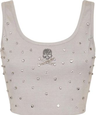 Philipp Plein Femme, Tops, Gris, Taille: 44 FR Jersey Rib Cropped Top Stones