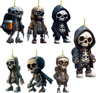 Generic 7 Stück Skelett Anhänger Halloween Dekoration 8cm 2D Acryl Coole Skelett Figuren Gothic Deko Weihnachtsbaumschmuck Anhänger Weihnachtsdeko Christbaums