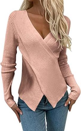 Generic Hauts tricot&eacute;s pour femmes, sweatshirts &agrave; manches longues et col en V, tricot crois&eacute; d&eacute;contract&eacute;, couleur pure, pull &agrave; manches longues, pull &eacute;l&eacute;gant p