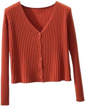 Generic Cardigan &eacute;l&eacute;gant &agrave; col en V c&ocirc;tel&eacute; &agrave; manches longues pour femme - Cardigan taille haute - Manteau d&eacute;contract&eacute;, Rouge vin-13506, Taille Unique