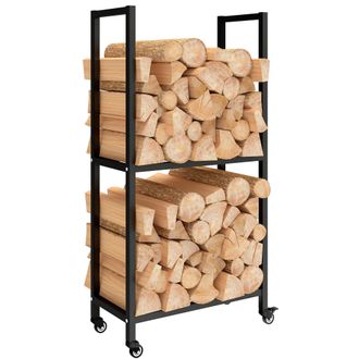 OUTSUNNY Kaminholzregal für innen Stahl 60 x 30 x 119cm 2 Ebenen Brennholzregal mit Rolle, erhöhter Kaminholzständer für Kamin Ofen Kaminholzhalter Holzregal f