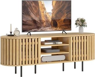 HOMCOM Meuble TV 140 cm, Meuble t&eacute;l&eacute; pour t&eacute;l&eacute;viseur jusqu&agrave; 60 Pouces, 2 Portes &agrave; Lattes, 3 Compartiments Ouverts et Pieds en Acier, Banc TV pour Salon, Cham