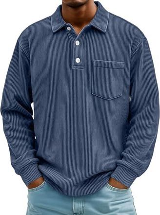 Generic Chemise en velours c&ocirc;tel&eacute; pour homme, grande taille, t-shirt &agrave; manches longues, col basculant, couleur unie, coupe d&eacute;contract&eacute;e, t-shirt &agrave; bouton 1/4 