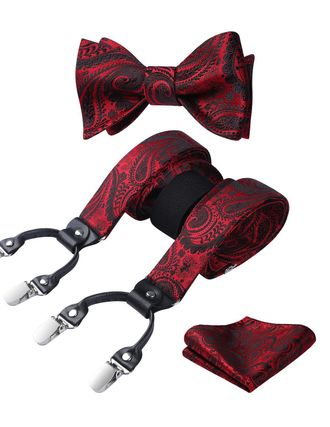 Hisdern Herren Hosentr&auml;ger Rote mit 6 starken Clips Extra Breit Paisley Y Form Hosentr&auml;ger f&uuml;r Herren mit Fliege Einsteckuch Set
