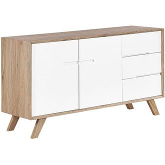 Beliani Commode Buffet Effet Bois avec Compartiments &agrave; Portes et 3 Tiroirs Meuble de Rangement &Eacute;l&eacute;gant pour Chambre ou Salon au Style Scandinave Beliani