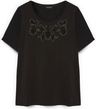 Fiorella Rubino Femme, Tops, Noir, Taille: 46 FR T-shirt bi-mati&egrave;re avec broderie florale