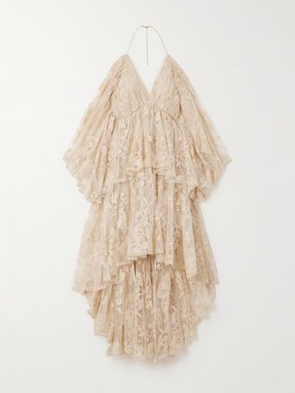 Zimmermann Mini-robe Dos Nu Pliss&eacute;e En Dentelle De Coton M&eacute;lang&eacute; &Agrave; Volants Illustration - Cr&egrave;me