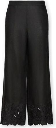 Elena Miro Femme, Pantalons, Noir, Taille: 40 FR Pantalon en Lin avec Bords Brod&eacute;s