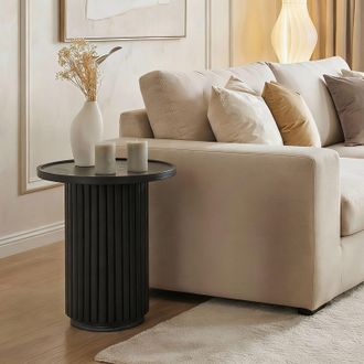 IDIMEX SARDA Couchtisch rund aus massivem Mangoholz, Schwarz - Beistelltisch mit geriffeltem Sockel mit Marmor Abschluss, Wohnzimmertisch mit nat&uuml;rlicher Mas