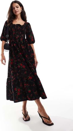 Nobody's Child Elsa - Gesmoktes Midaxikleid mit Rosenprint-Bunt